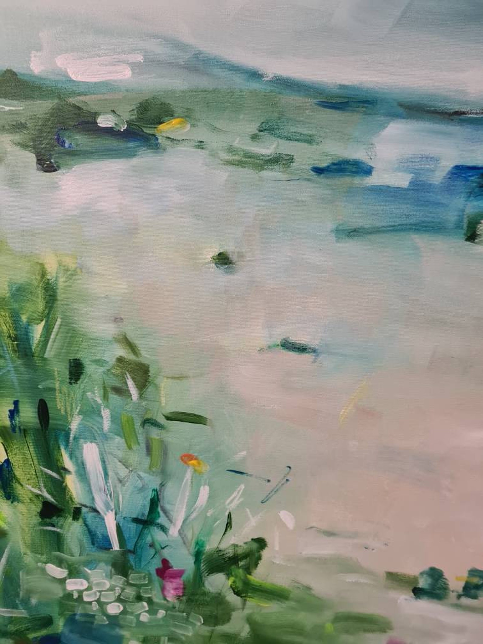 Set 2 Calm Beach Scenery, Green and Beige Large Abstract Art, Coastal ...