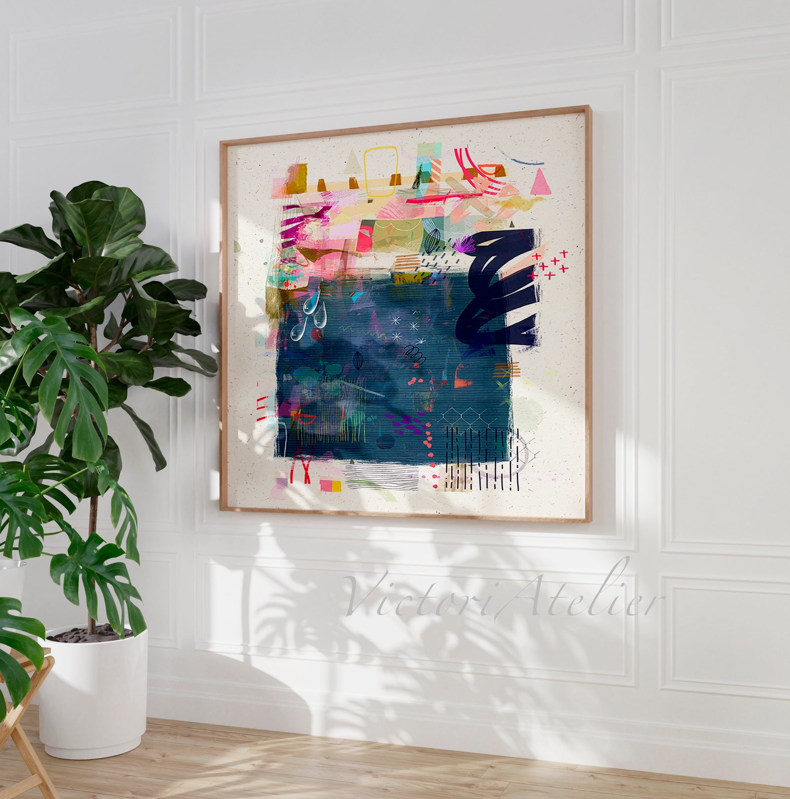 Modern Dark Blue Abstract Wall Art Print, Large Blue and Multicolor ...