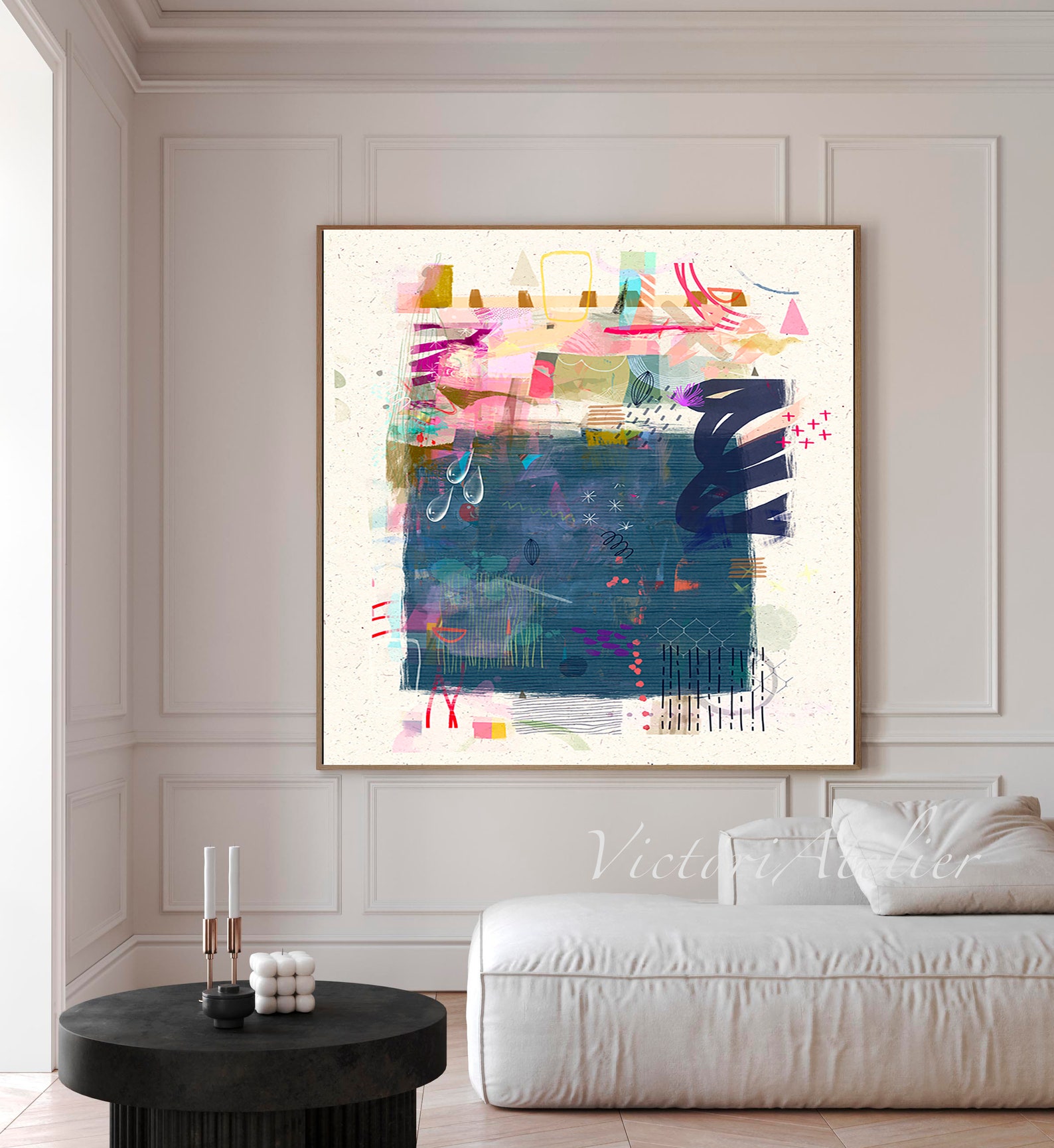 Modern Dark Blue Abstract Wall Art Print, Large Blue and Multicolor ...