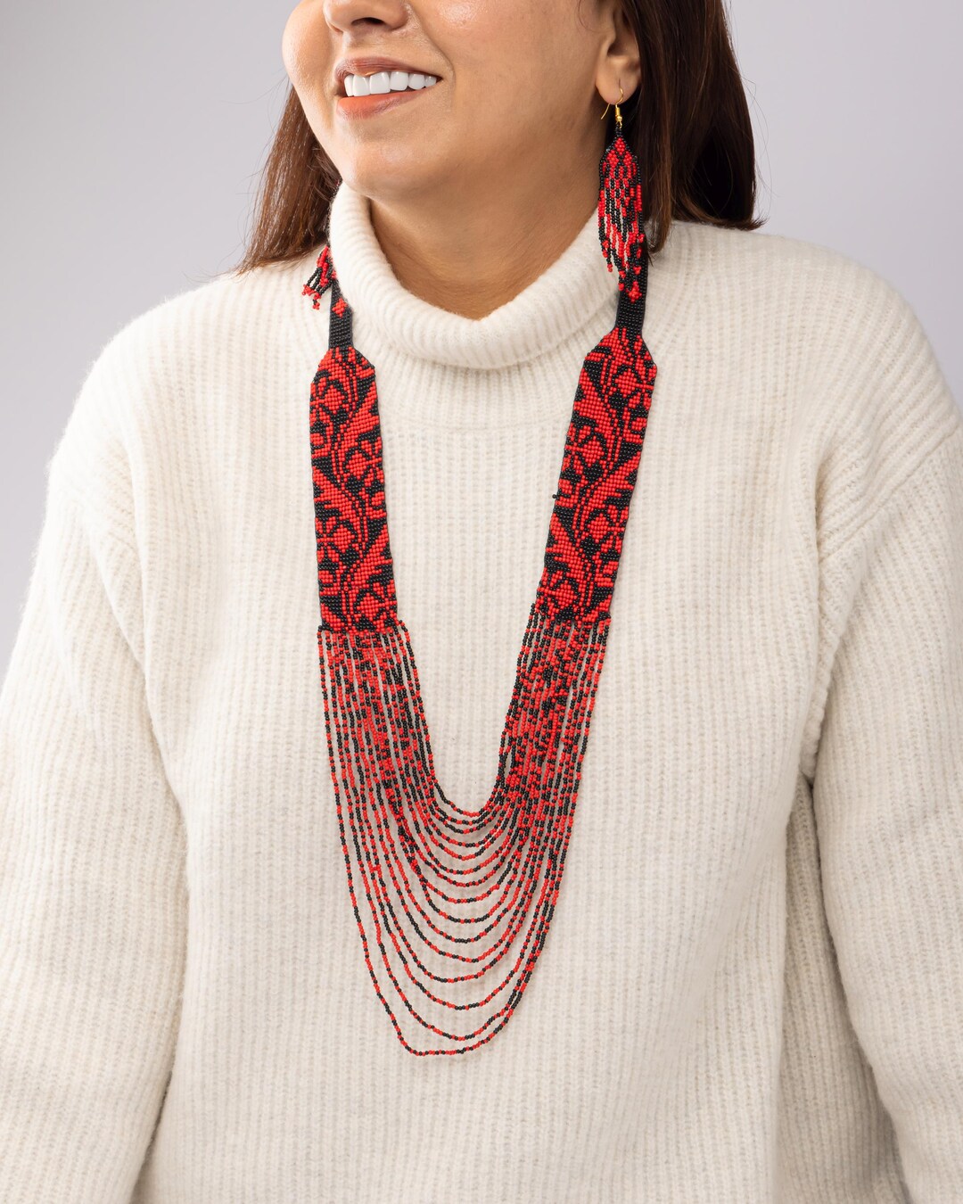 Red and Black Native American Seed Bead Jewelry Set Hippie Statement ...