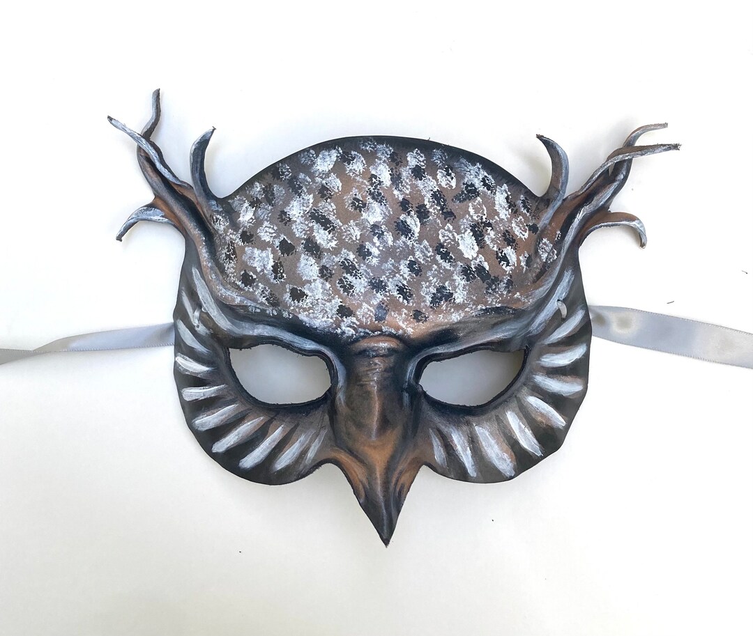 Leather Owl Mask in Grey Black & Brown Entirely Handcrafted Art Costume ...