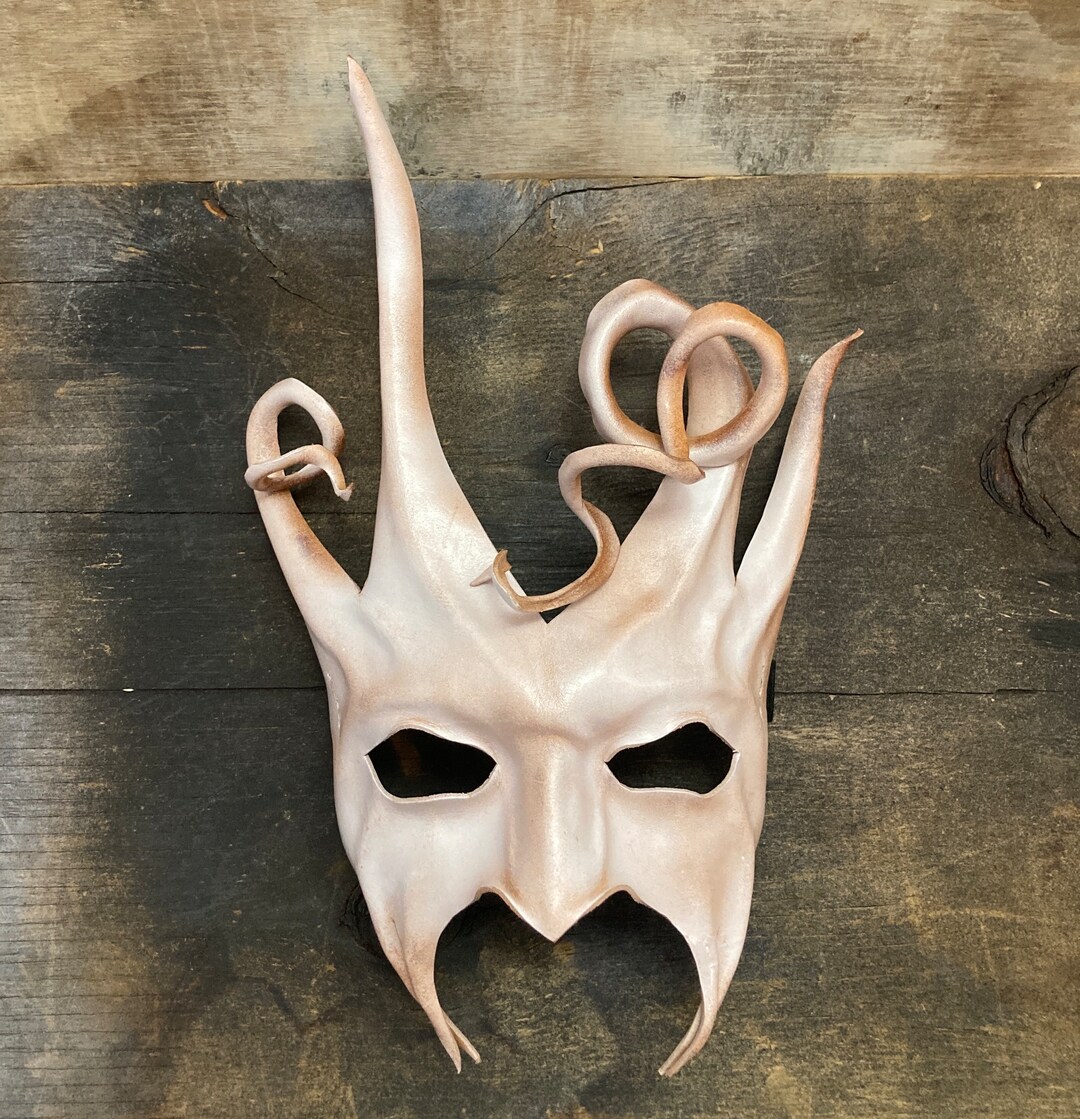 Devil Jester Leather Mask 13” White on Brown Entirely Handcrafted ...