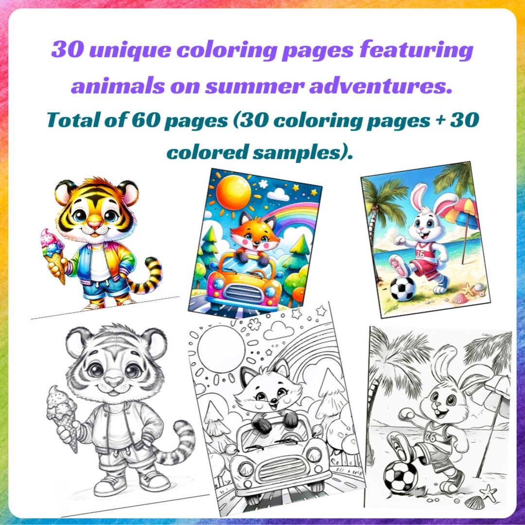 Adorable Animals on Holiday- Summer Fun! Coloring Pages With Colored ...