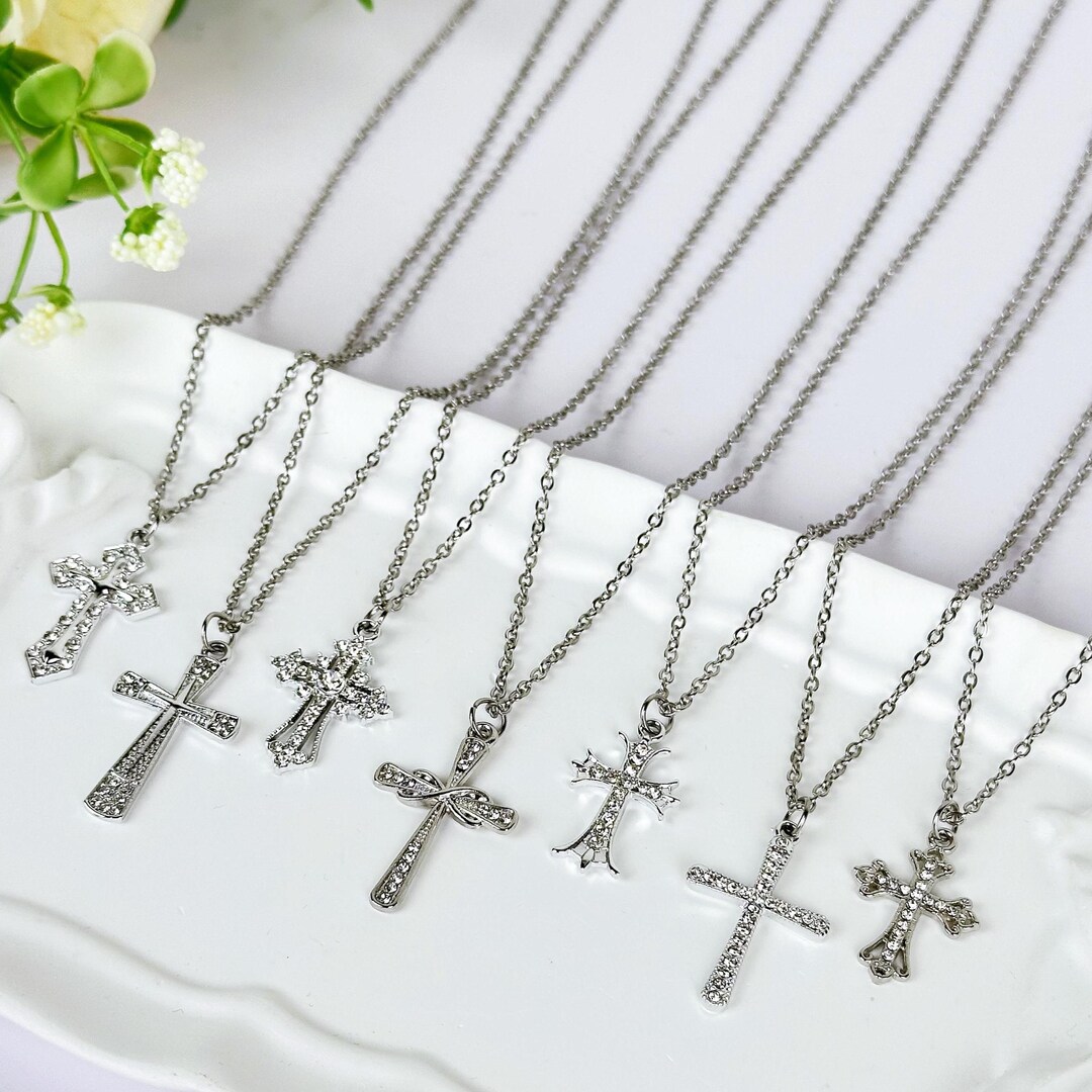 Silver Cross Necklace/ Cross Charm Necklace/ Religious Christian Cross ...