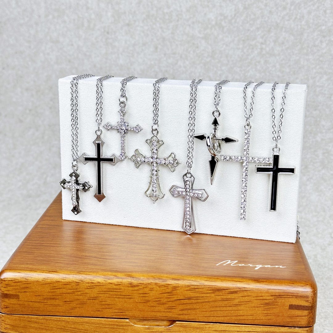 Punk Cross Necklace/ Diamond Cross Necklace/ Religious Christian Silver ...