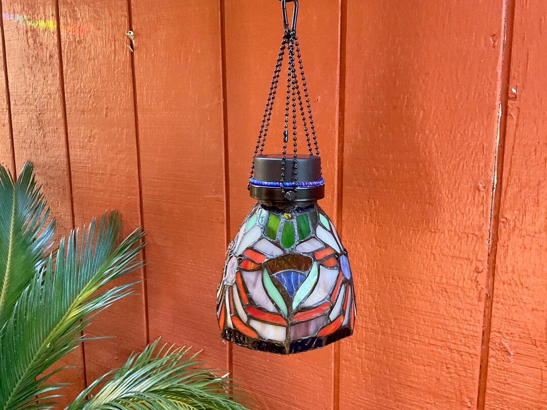 Solar Garden Lantern, Hanging Outdoor Stained Glass Light, Beaded ...