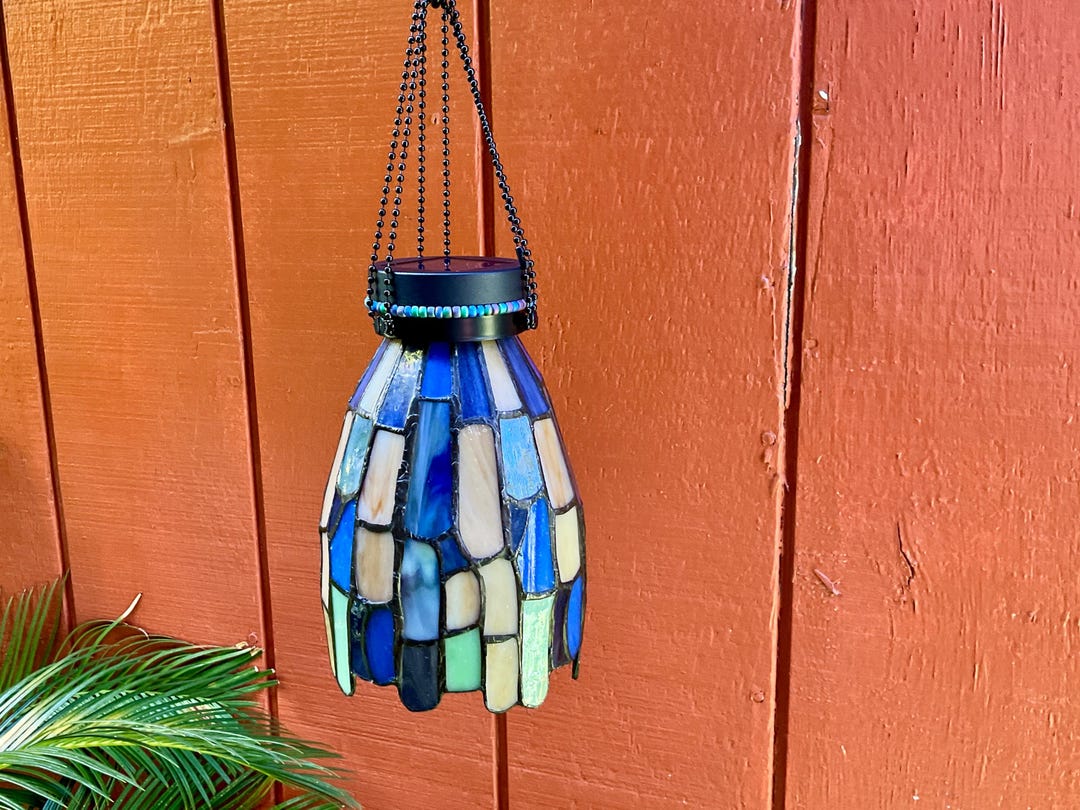 Solar Garden Lantern, Hanging Outdoor Stained Glass Light, Beaded Cape ...