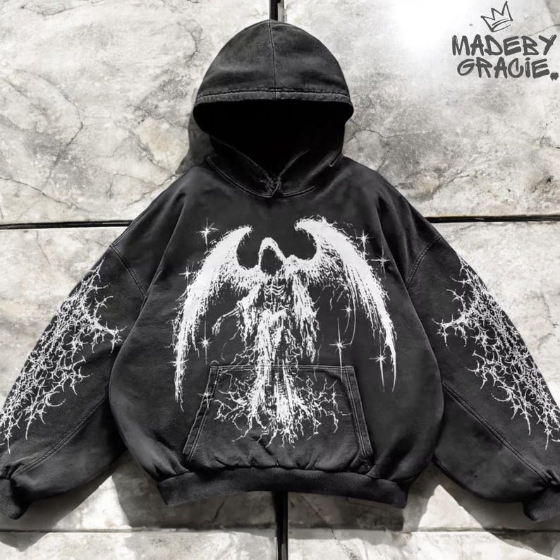 Gothic Y2k Night Demon Oversized Cotton Hoodie, Gothic Hoodie, Black ...