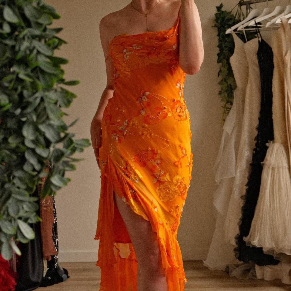 Citrus Colored Orange Embellished Flutter Dress - Etsy
