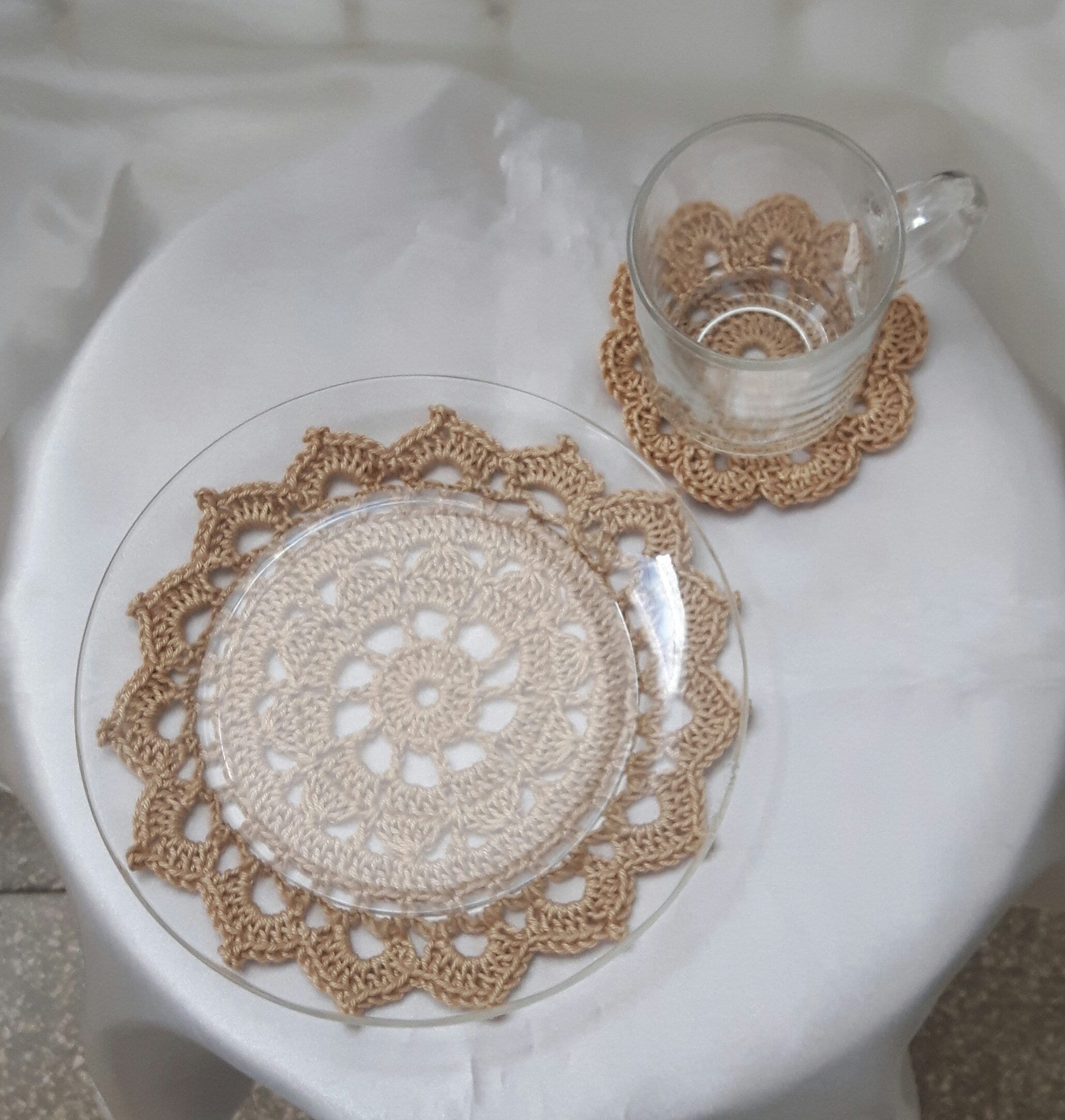 Set of Beige Crochet Coasters for 1 Cup and 1 Plate, Knit Coasters, Cup ...
