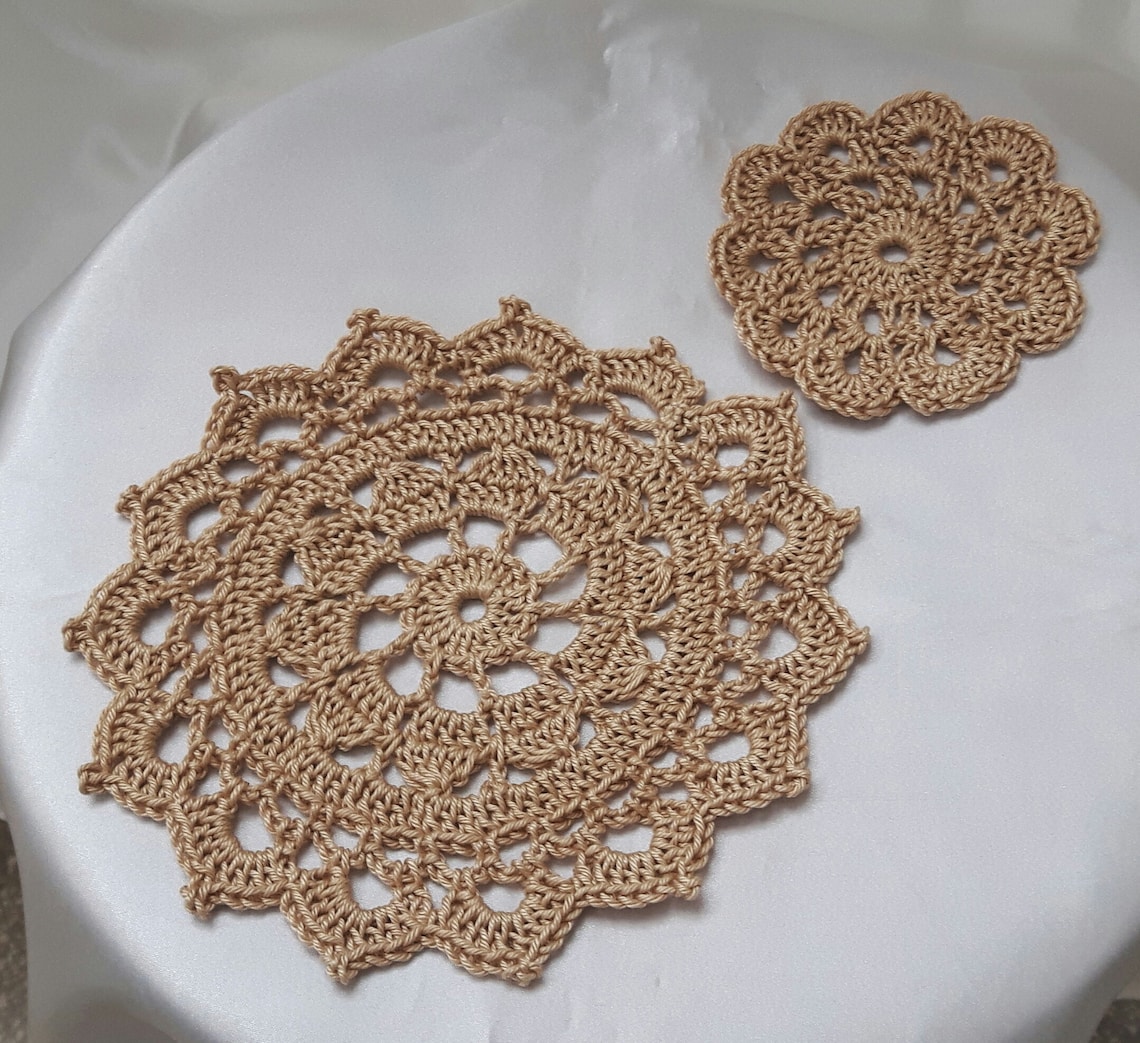 Set of Beige Crochet Coasters for 1 Cup and 1 Plate, Knit Coasters, Cup ...
