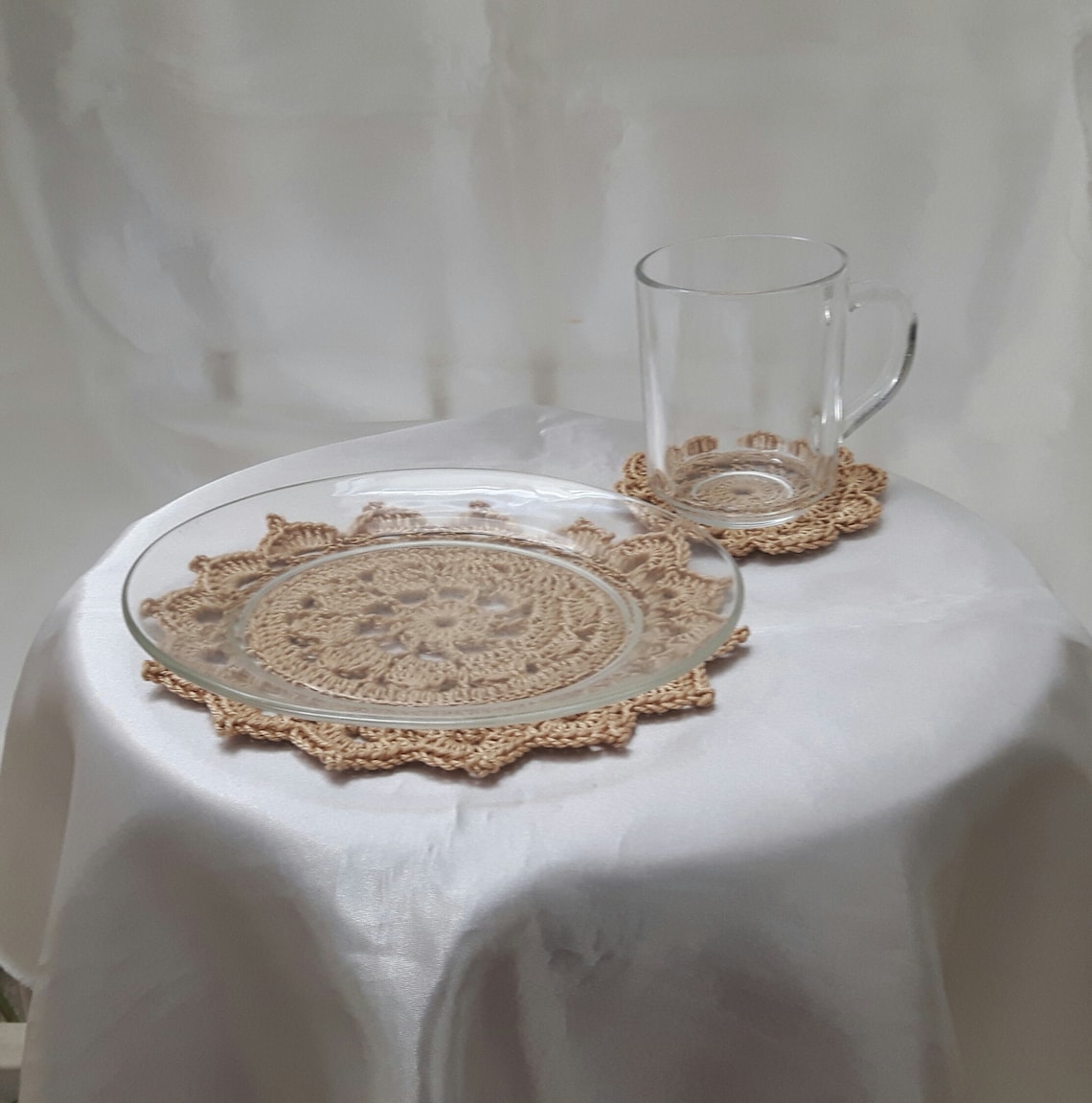 Set of Beige Crochet Coasters for 1 Cup and 1 Plate, Knit Coasters, Cup ...