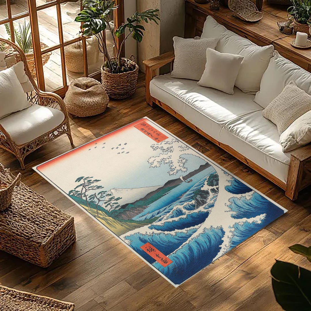 Japanese Wave Rug, Mount Fuji Rug, Ukiyo-e Style Ocean Landscape Rug ...