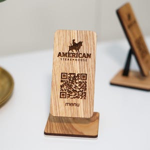 Personalized Wooden QR Code Menu Stand With Engraved Logo - Etsy