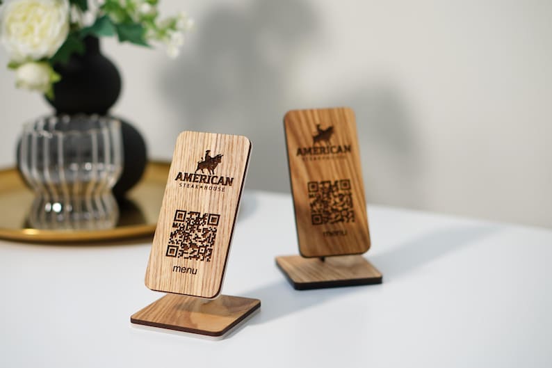 Personalized Wooden QR Code Menu Stand With Engraved Logo - Etsy