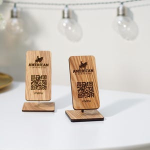 Personalized Wooden QR Code Menu Stand With Engraved Logo - Etsy