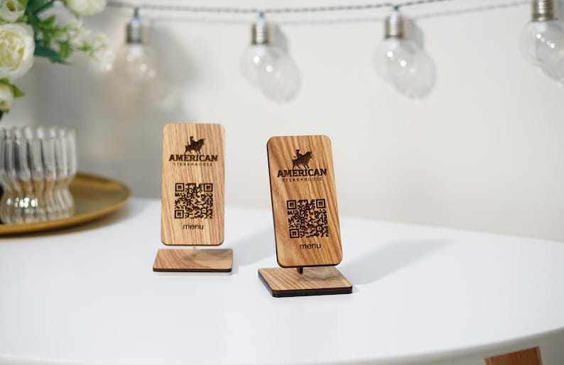 Personalized Wooden QR Code Menu Stand With Engraved Logo - Etsy