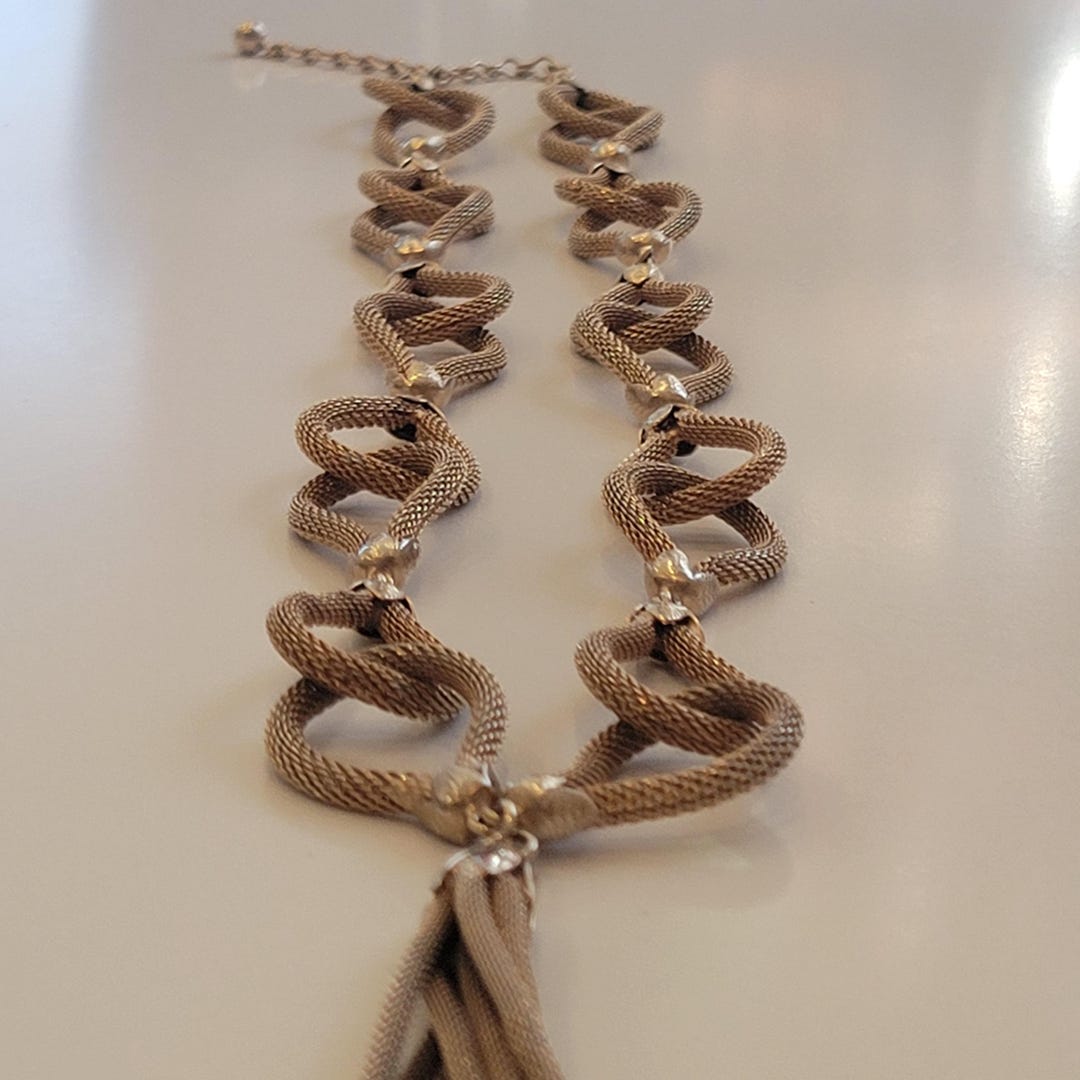 Mesh Link Chain Necklace Gold Tone Cable Tassle Mid Century Modern 60s ...