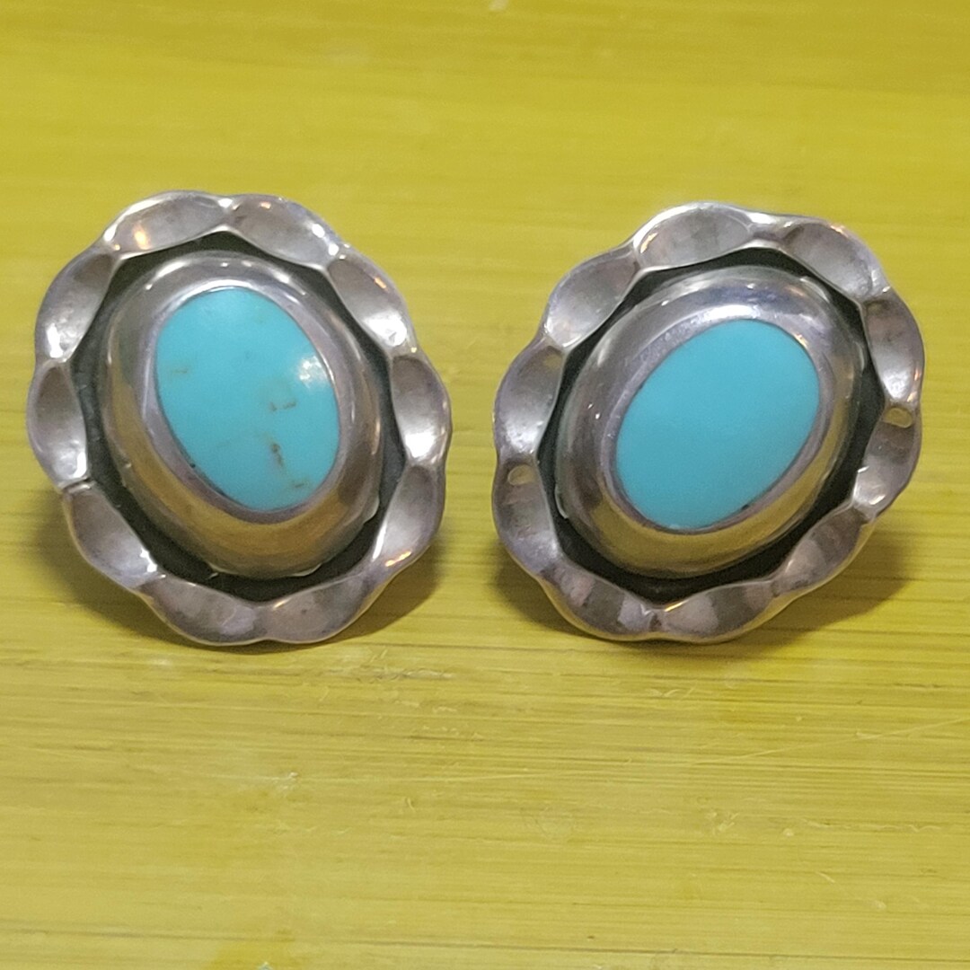Vintage TG Signed Sterling Turquoise Earrings Mexico Stamped Ruffled ...