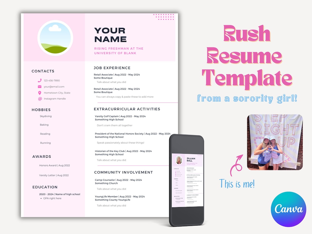 Sorority Rush Resume Template Easy Edit on Canva From a Sorority Girl ...
