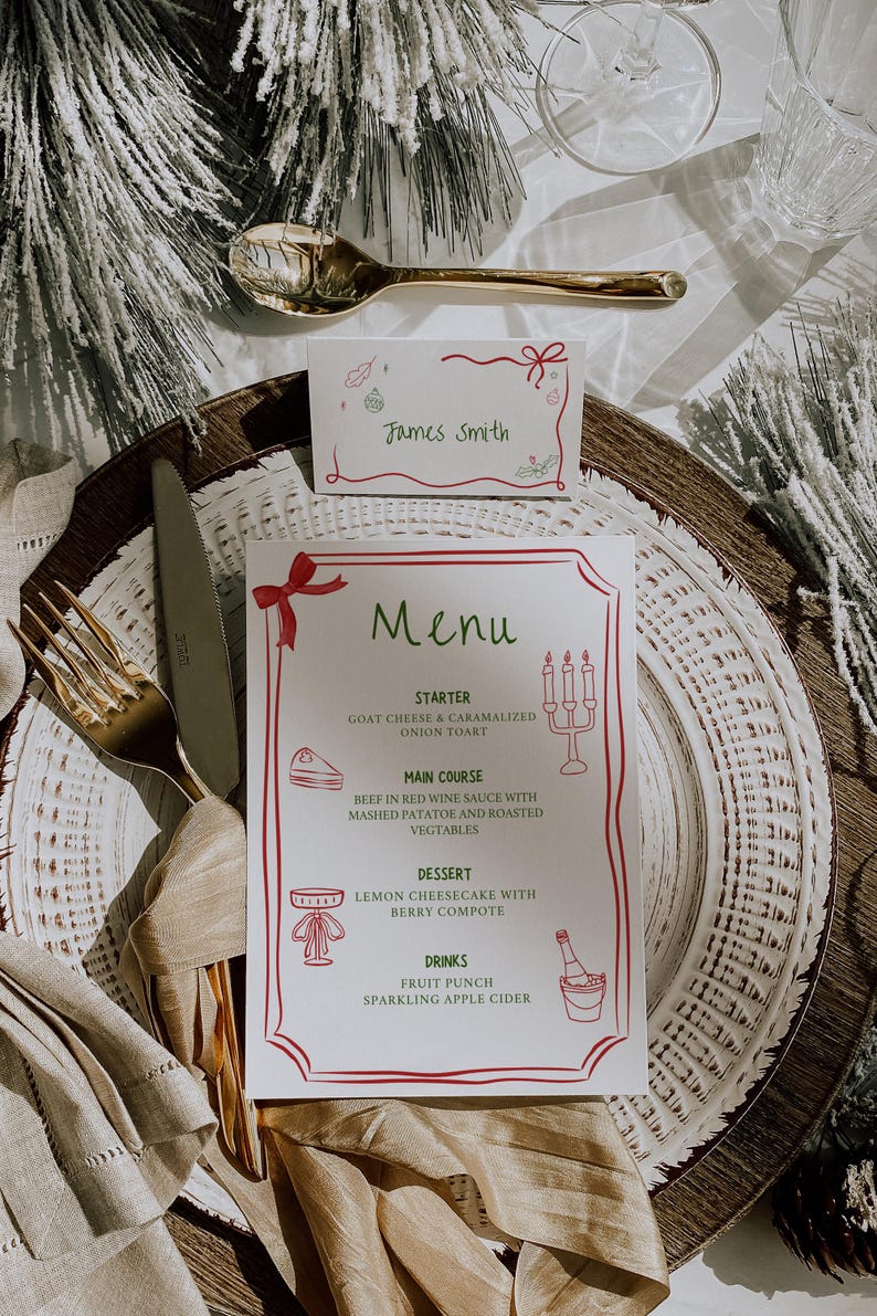 Christmas Dinner Place Cards, Holiday Name Tag Template (digital ...