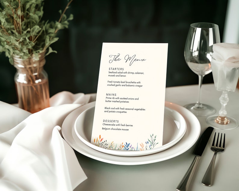 Wildflower Wedding Menu Floral Printable Menu Card Garden Menu Template ...
