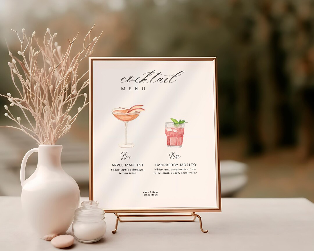 Neutral Watercolor Cocktail Menu Template for Weddings, Editable ...