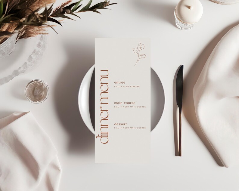Modern Wedding Menu Template, Minimalist Menu Card, Table Setting Menu ...