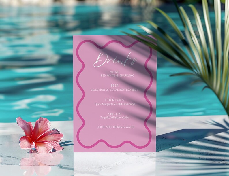 Wavy Pink Bar Menu Sign Curvy Signature Cocktail Menu Card Wedding Bar ...