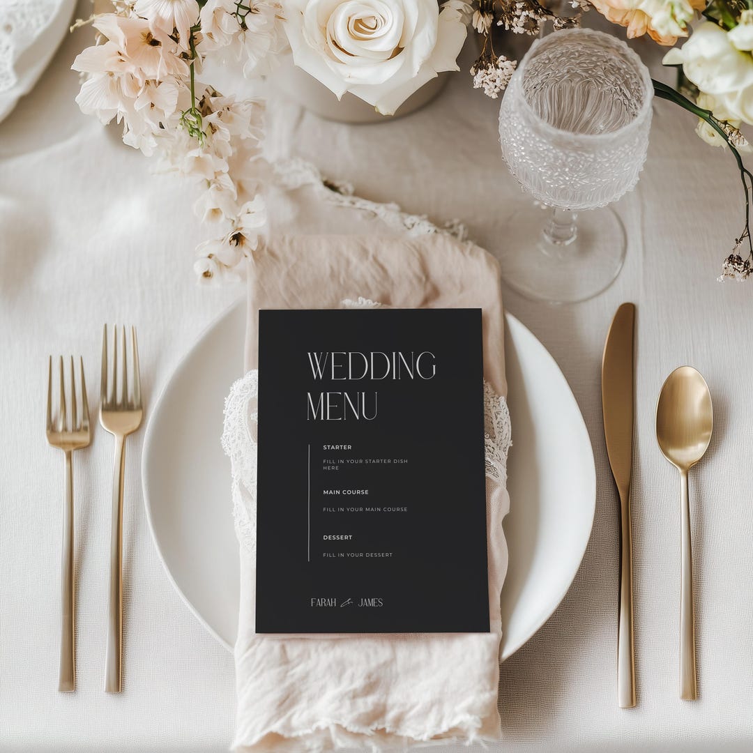 Elegant Black Wedding Menu Template, Modern Script Wedding Dinner Menu ...