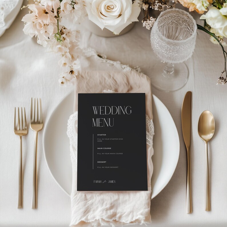 Elegant Black Wedding Menu Template, Modern Script Wedding Dinner Menu ...