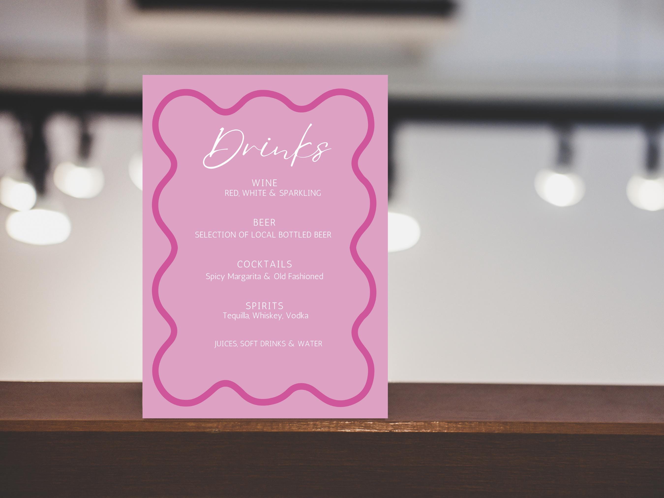 Wavy Pink Bar Menu Sign | Curvy Signature Cocktail Menu Card | Wedding ...
