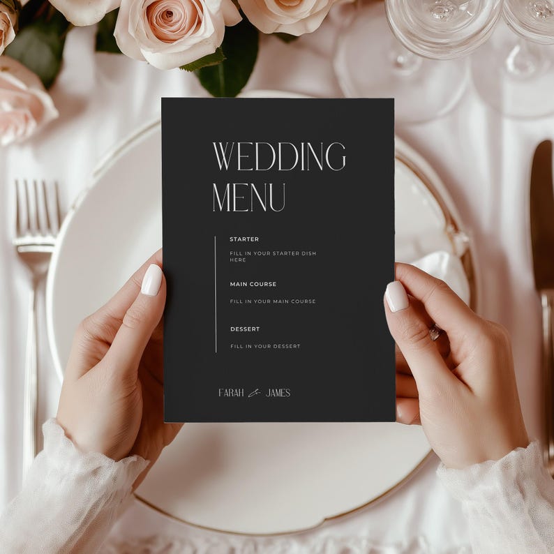 Elegant Black Wedding Menu Template, Minimalist Script (digital ...