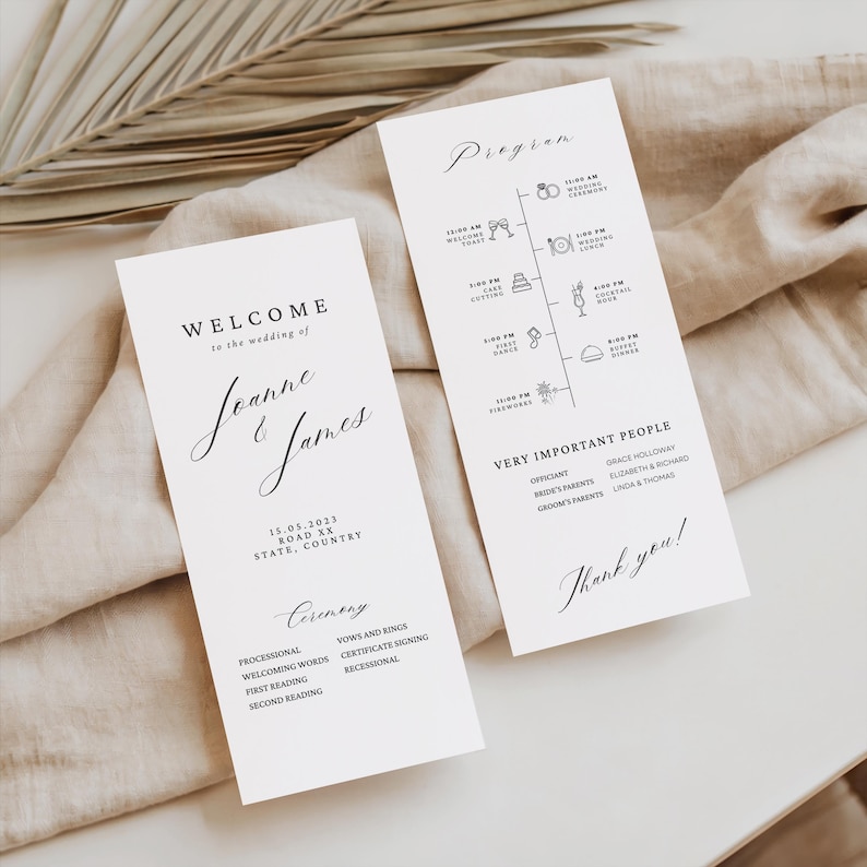 White Wedding Program Card Template, Minimal Ceremony Program, Editable ...