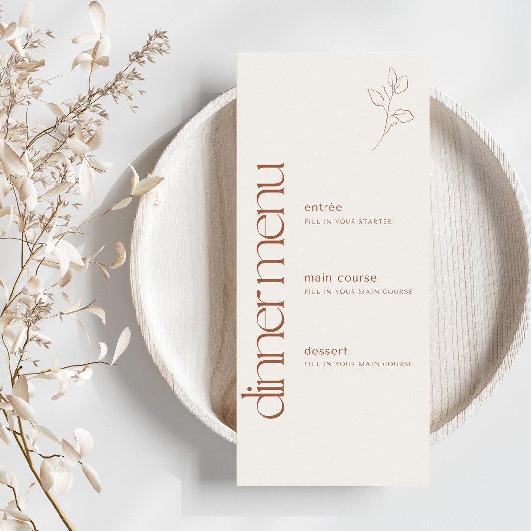 Modern Wedding Menu Template, Minimalist Menu Card, Table Setting Menu ...