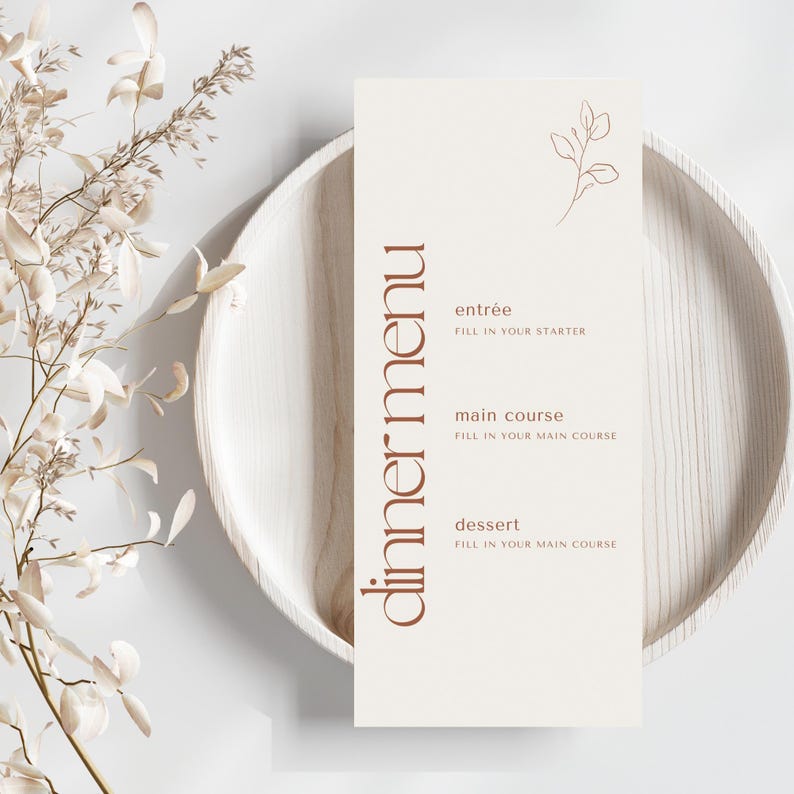 Modern Wedding Menu Template, Minimalist Menu Card, Table Setting Menu ...