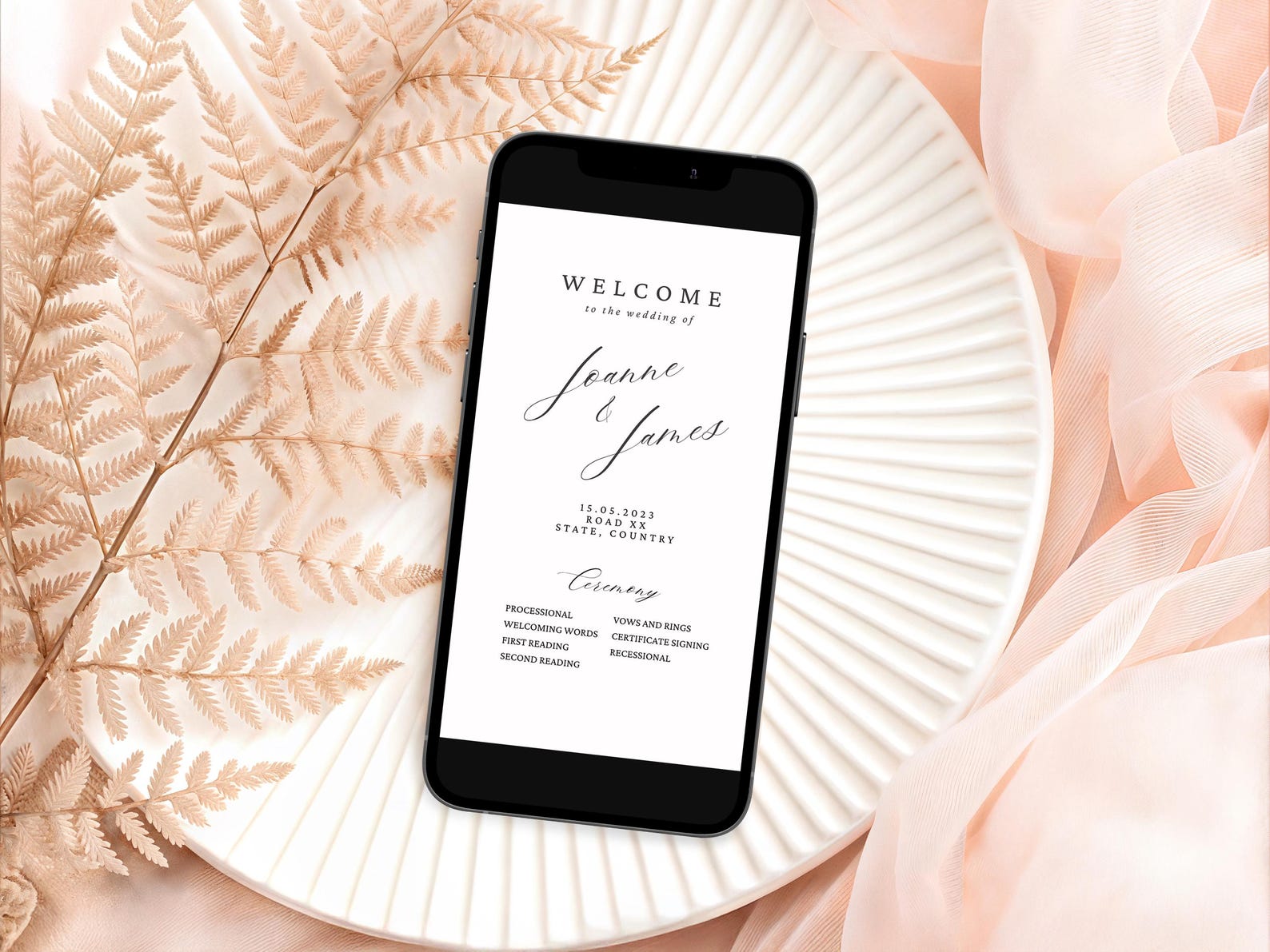 White Wedding Program Card Template, Minimal Ceremony Program, Editable ...