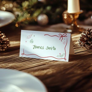 Christmas Dinner Place Cards, Whimsical Holiday Party Name Card, Food ...