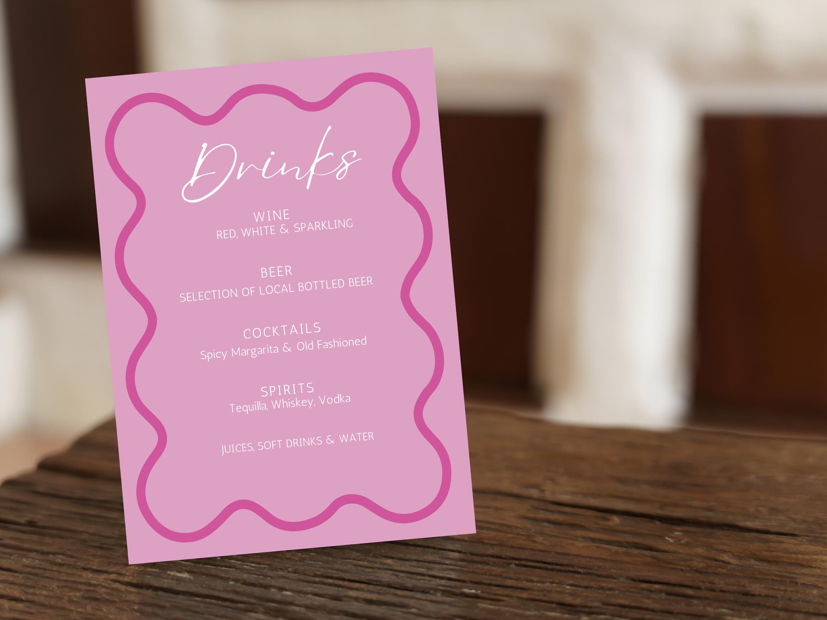 Wavy Pink Bar Menu Sign | Curvy Signature Cocktail Menu Card | Wedding ...