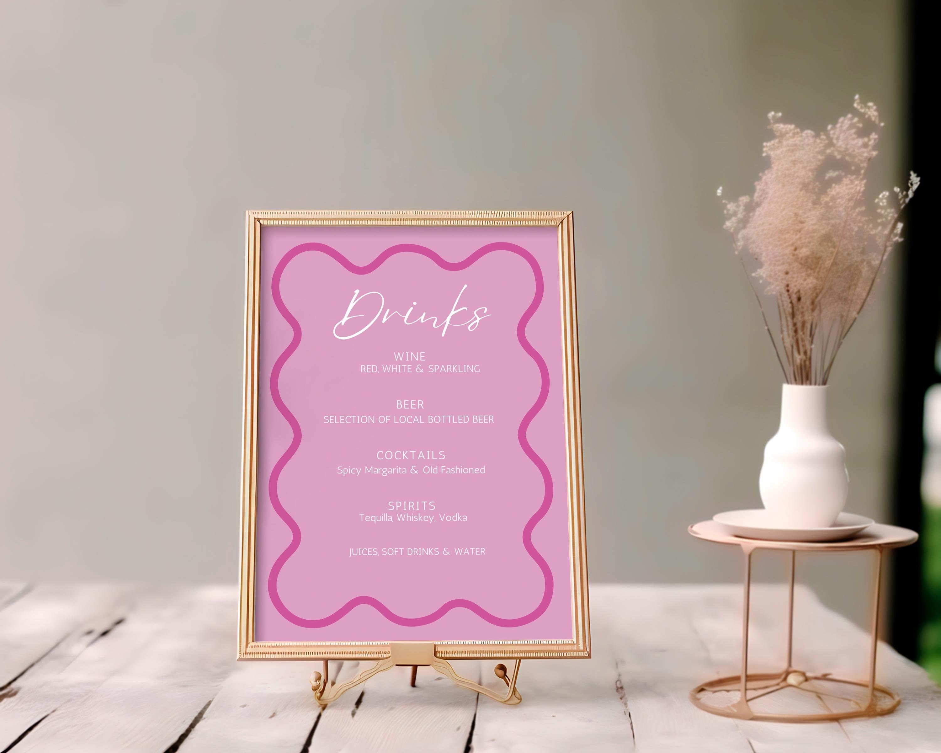 Wavy Pink Bar Menu Sign Curvy Signature Cocktail Menu Card Wedding Bar ...