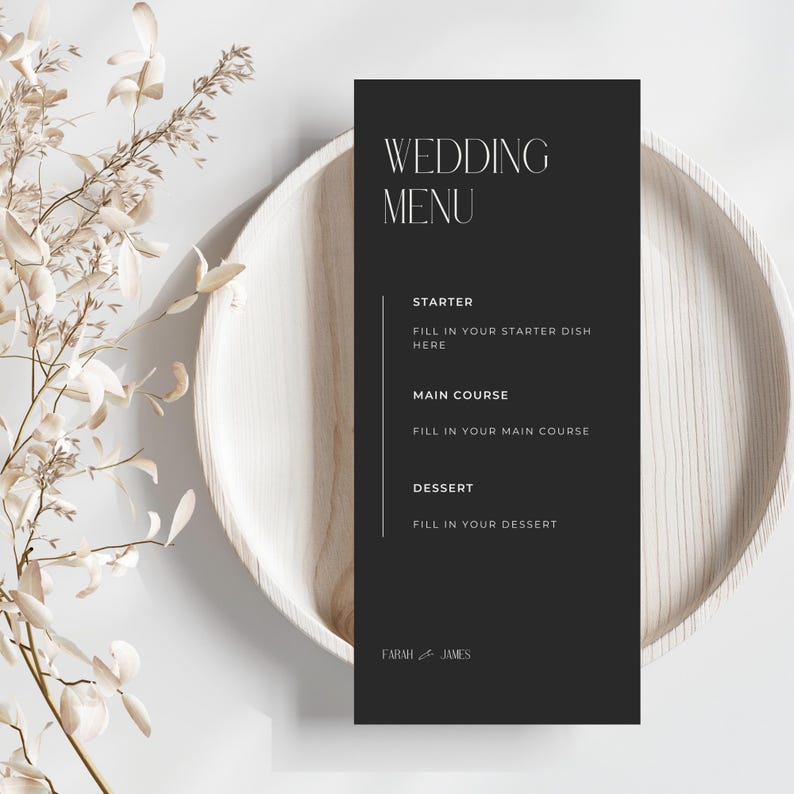 Elegant Black Wedding Menu Template, Minimalist Script (digital ...