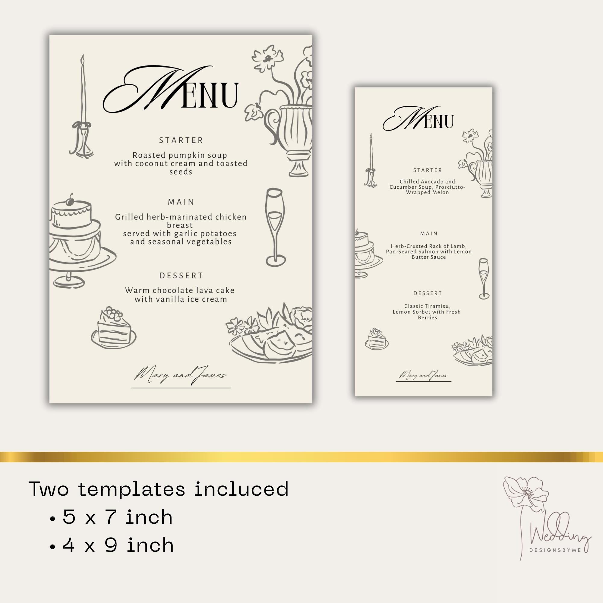 Classic Illustrated Wedding Menu Template, Elegant Table Card Printable ...
