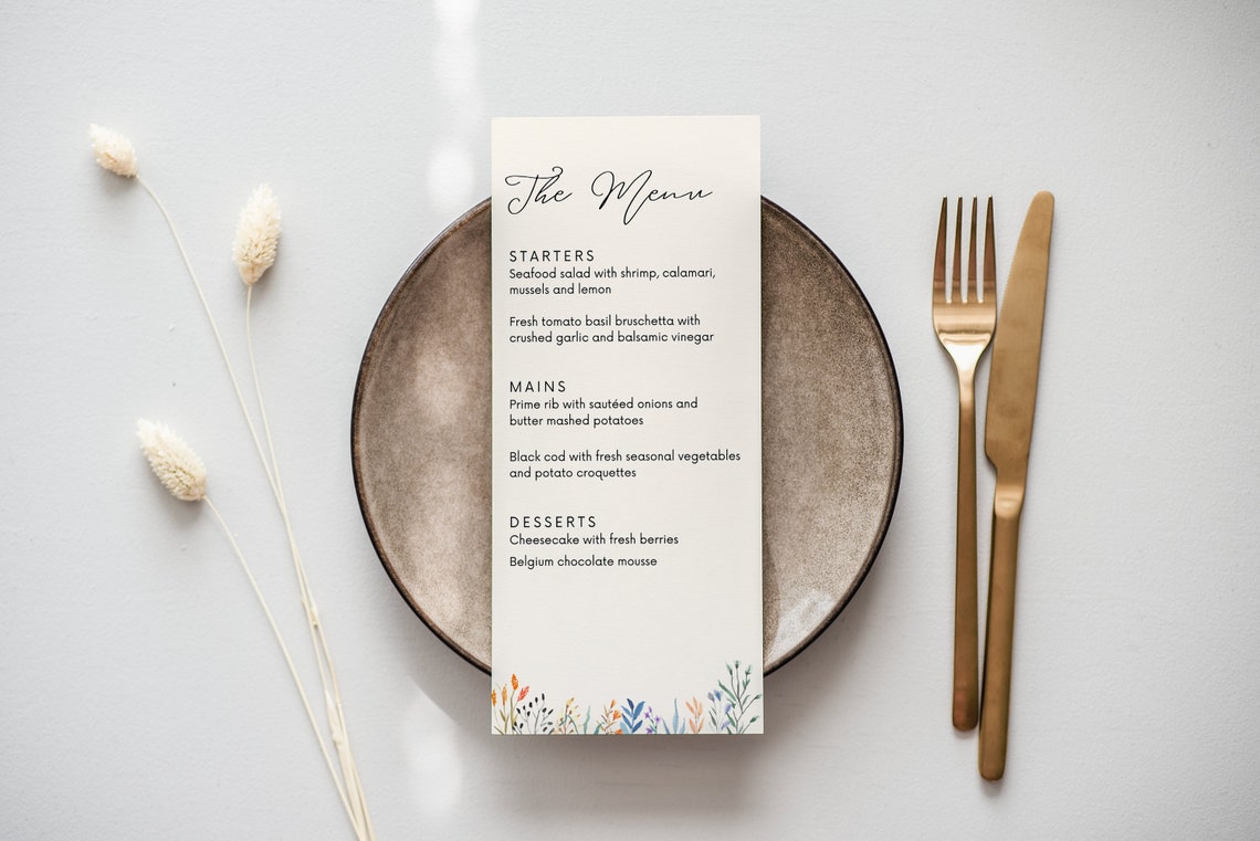 Wildflower Wedding Menu Floral Printable Menu Card Colorful Garden Menu ...