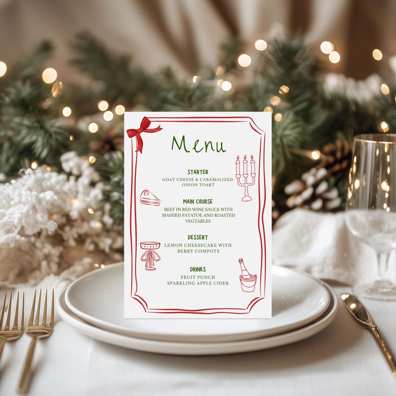 Christmas Dinner Menu Template, Holiday Party Card Wave, Xmas Food Menu, Whimsical Menu Hand ...