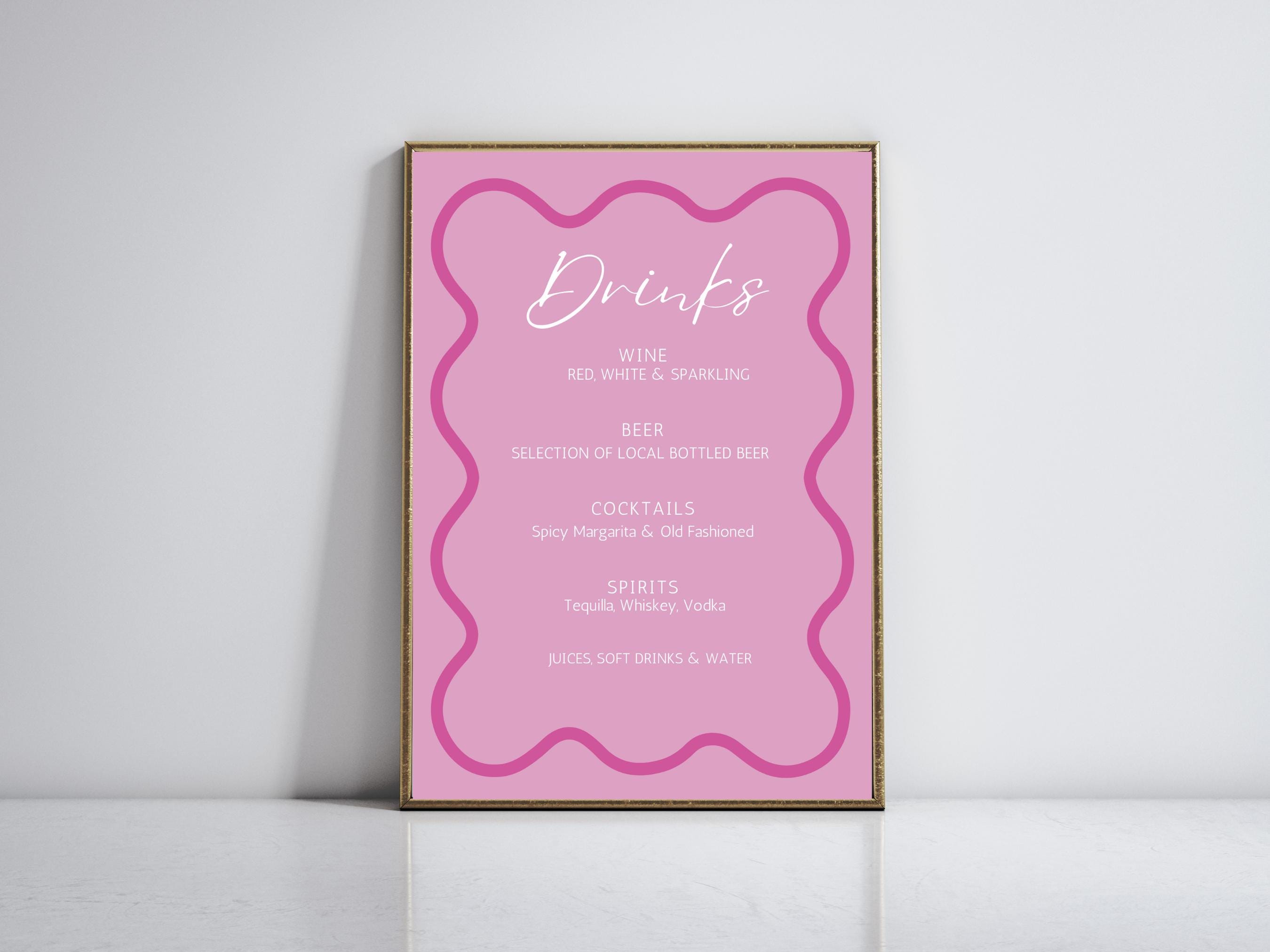 Wavy Pink Bar Menu Sign | Curvy Signature Cocktail Menu Card | Wedding ...