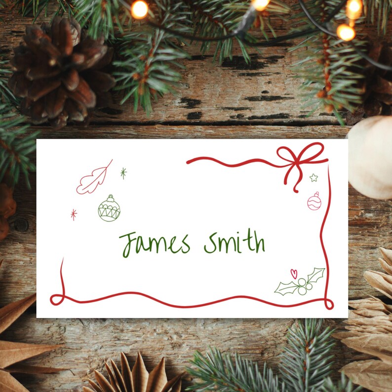 Christmas Dinner Place Cards, Whimsical Holiday Party Name Card, Food ...