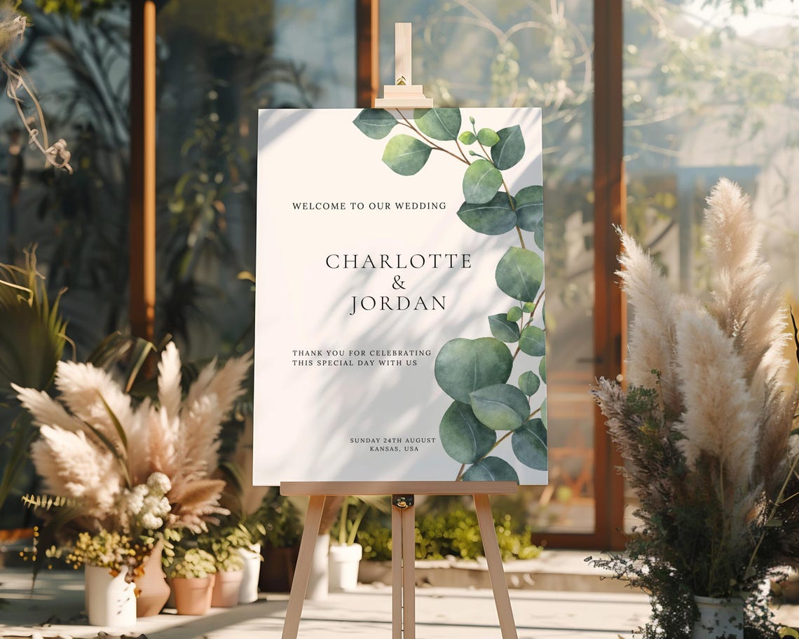 Green Welcome Sign Greenery Eucalyptus Wedding Entrance Signage Welcome ...