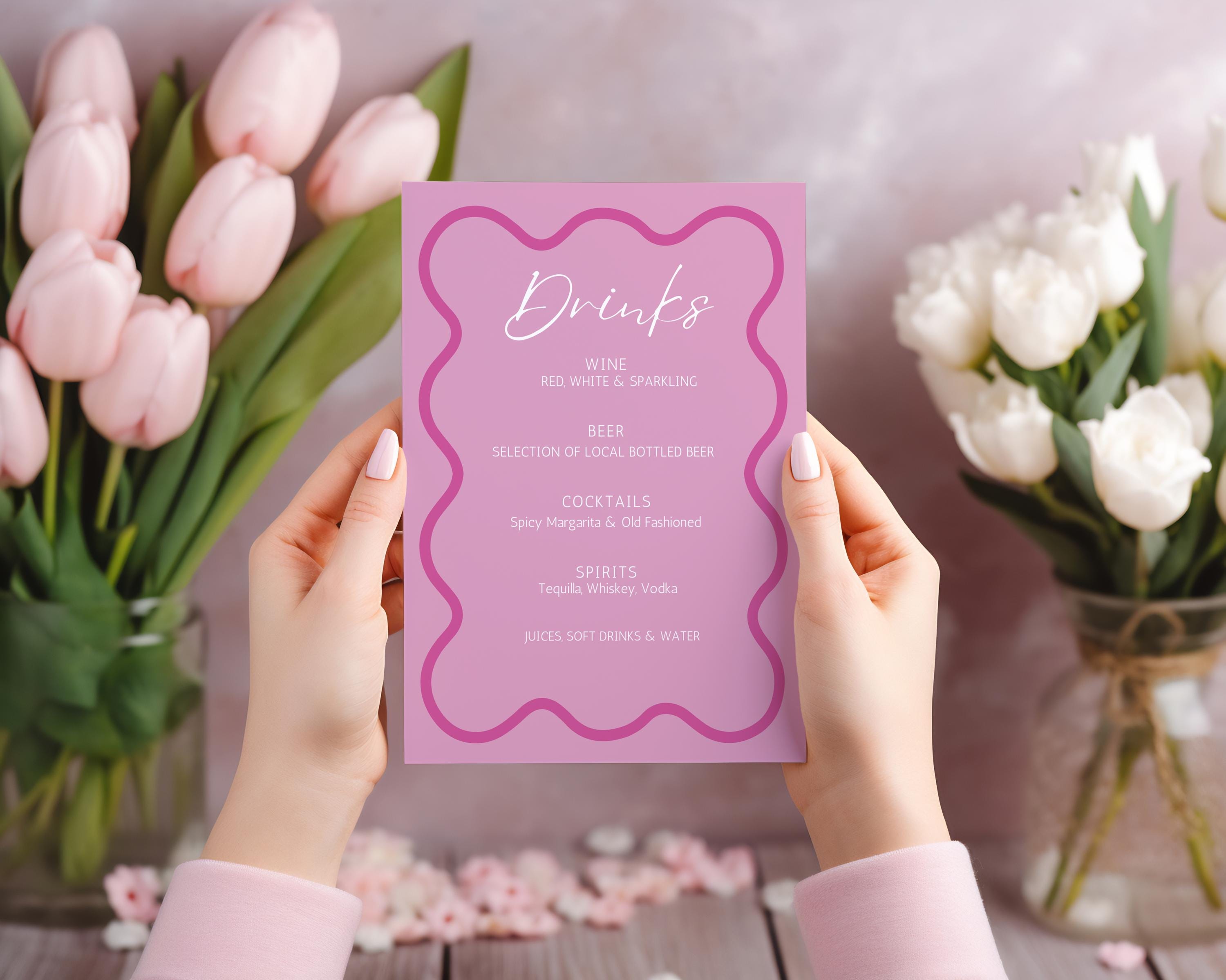 Wavy Pink Bar Menu Sign | Curvy Signature Cocktail Menu Card | Wedding ...