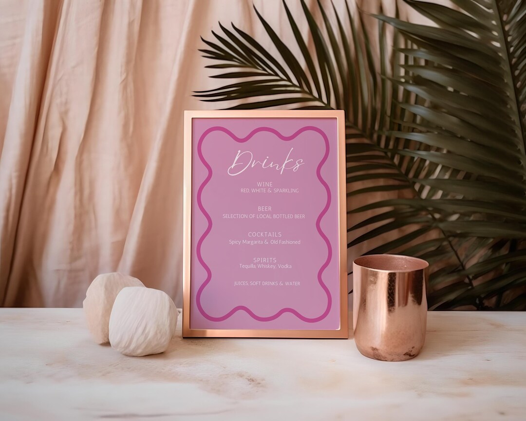 Wavy Pink Bar Menu Sign | Curvy Signature Cocktail Menu Card | Wedding ...