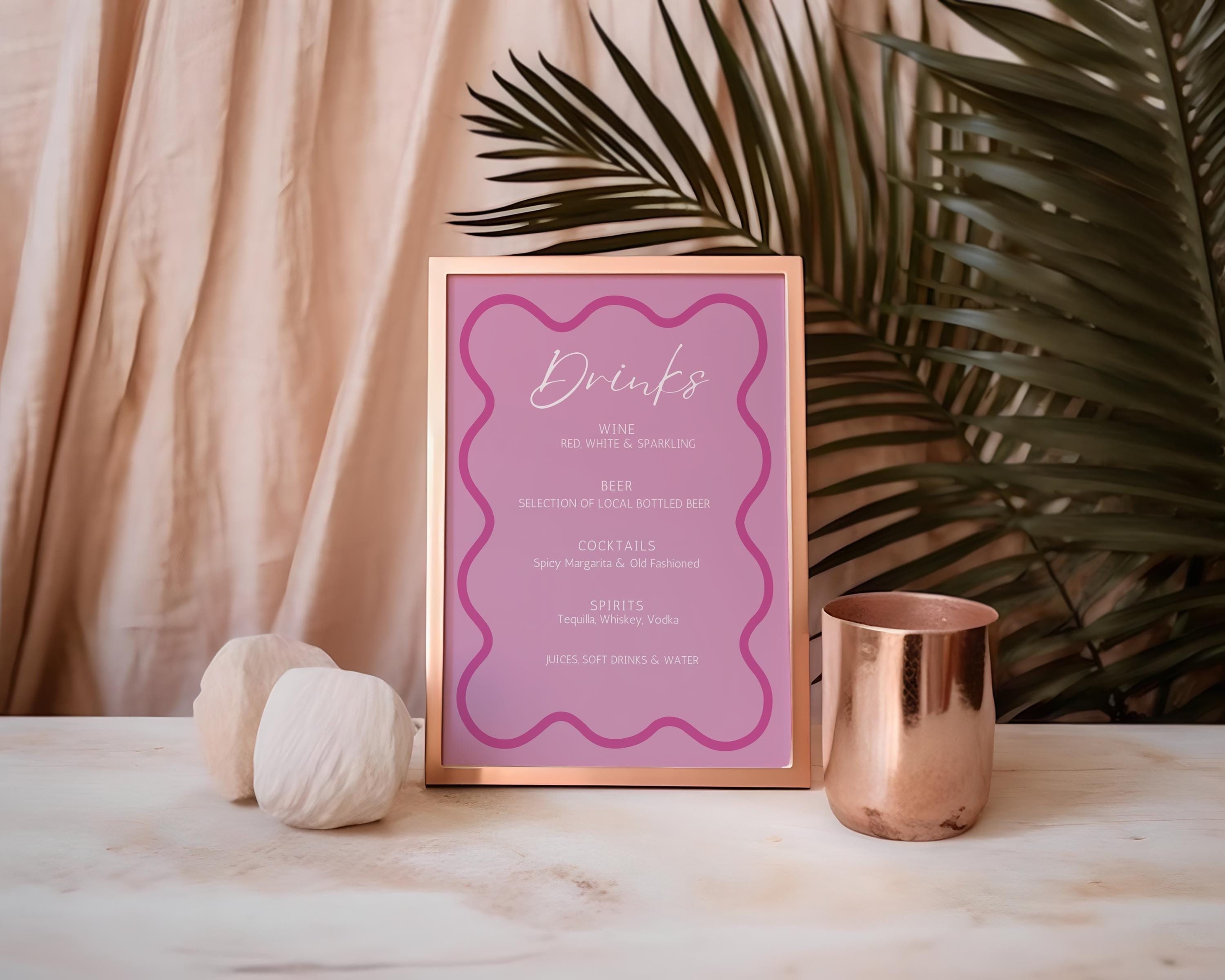 Wavy Pink Bar Menu Sign | Curvy Signature Cocktail Menu Card | Wedding ...